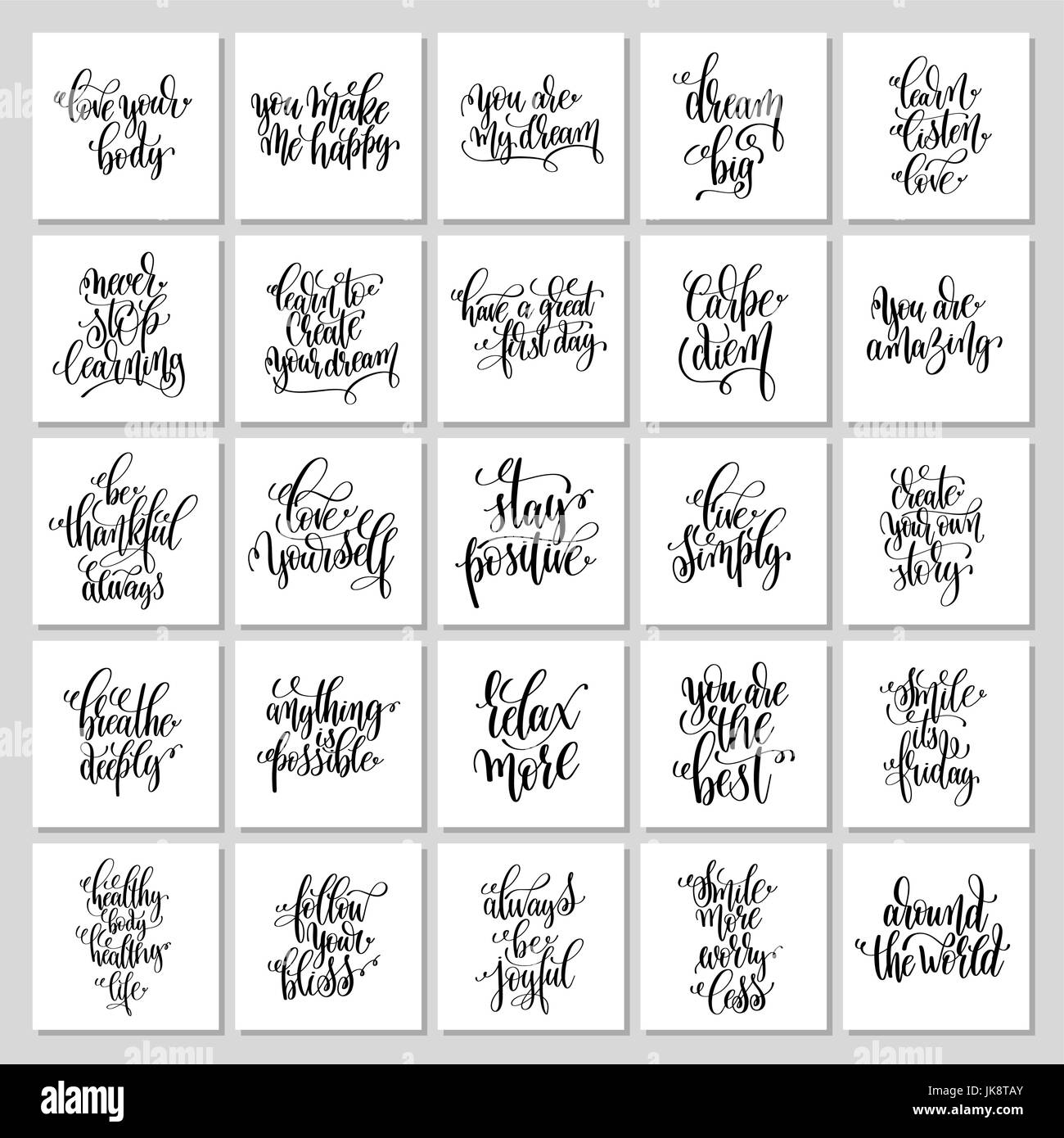 set of 25 hand lettering positive posters, black and white inspi Stock ...