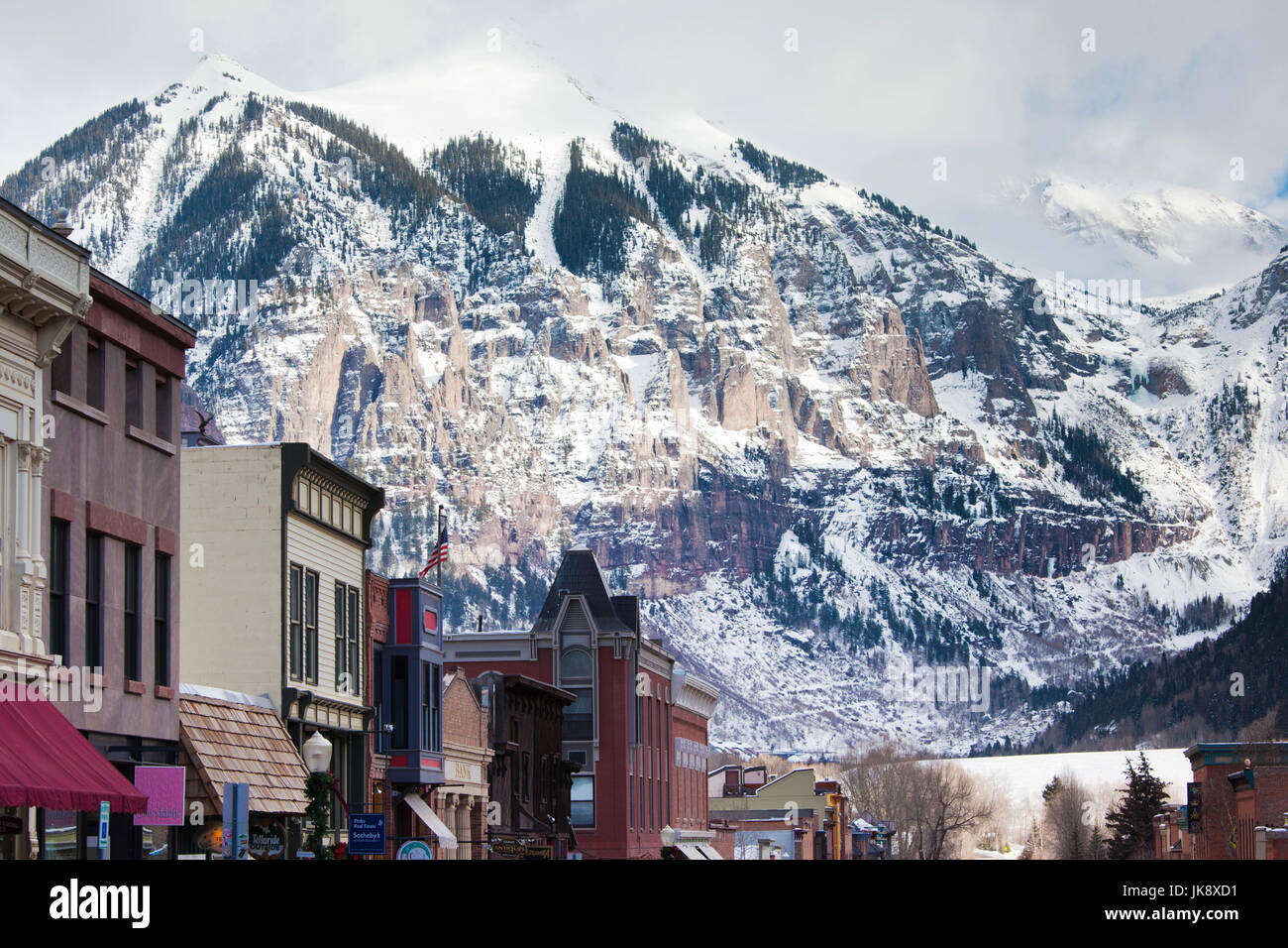USA, Colorado, Telluride, Main Street and Ajax Peak, winter Stock Photo ...