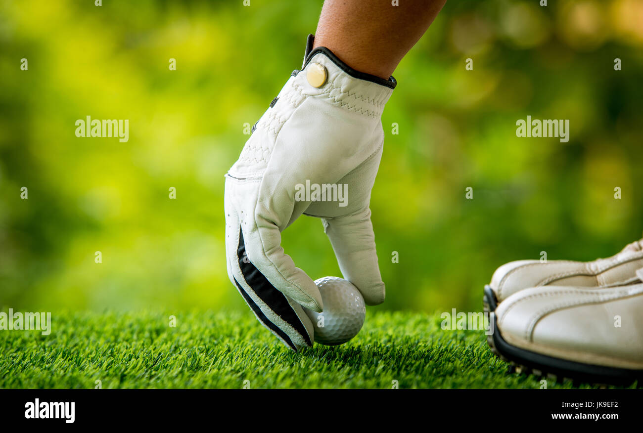 golf players hand placing ball on grass Stock Photo - Alamy