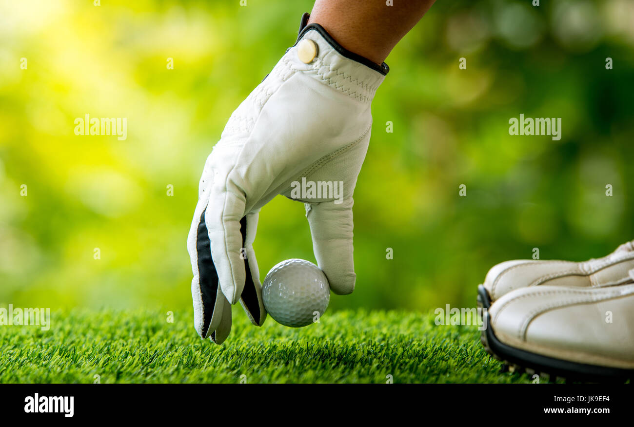 golf players hand placing ball on grass Stock Photo - Alamy