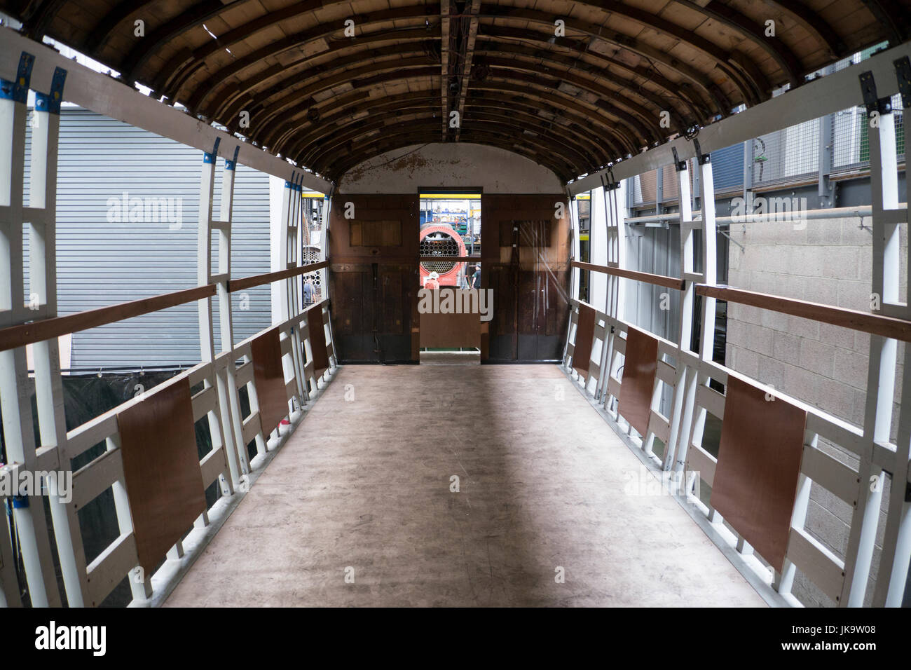Interior of vintage railway carriage under restoration at the Mid Hants ...
