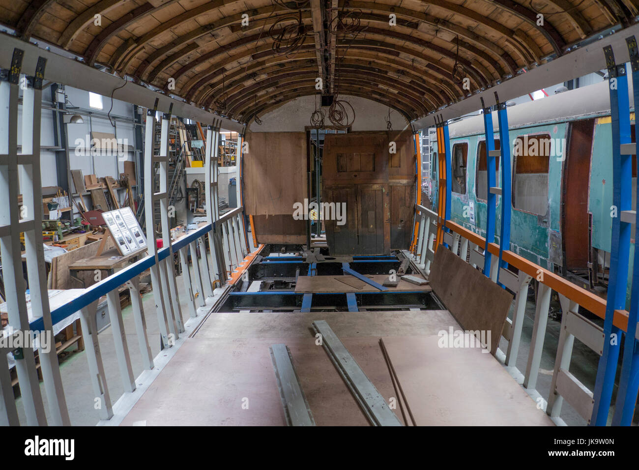 Interior of vintage railway carriage under restoration at the Mid Hants ...