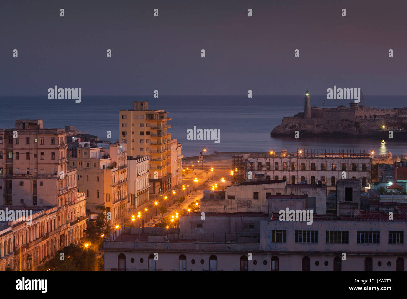 Cuba, Havana, elevated city view above Paseo de Marti towards Castillo ...