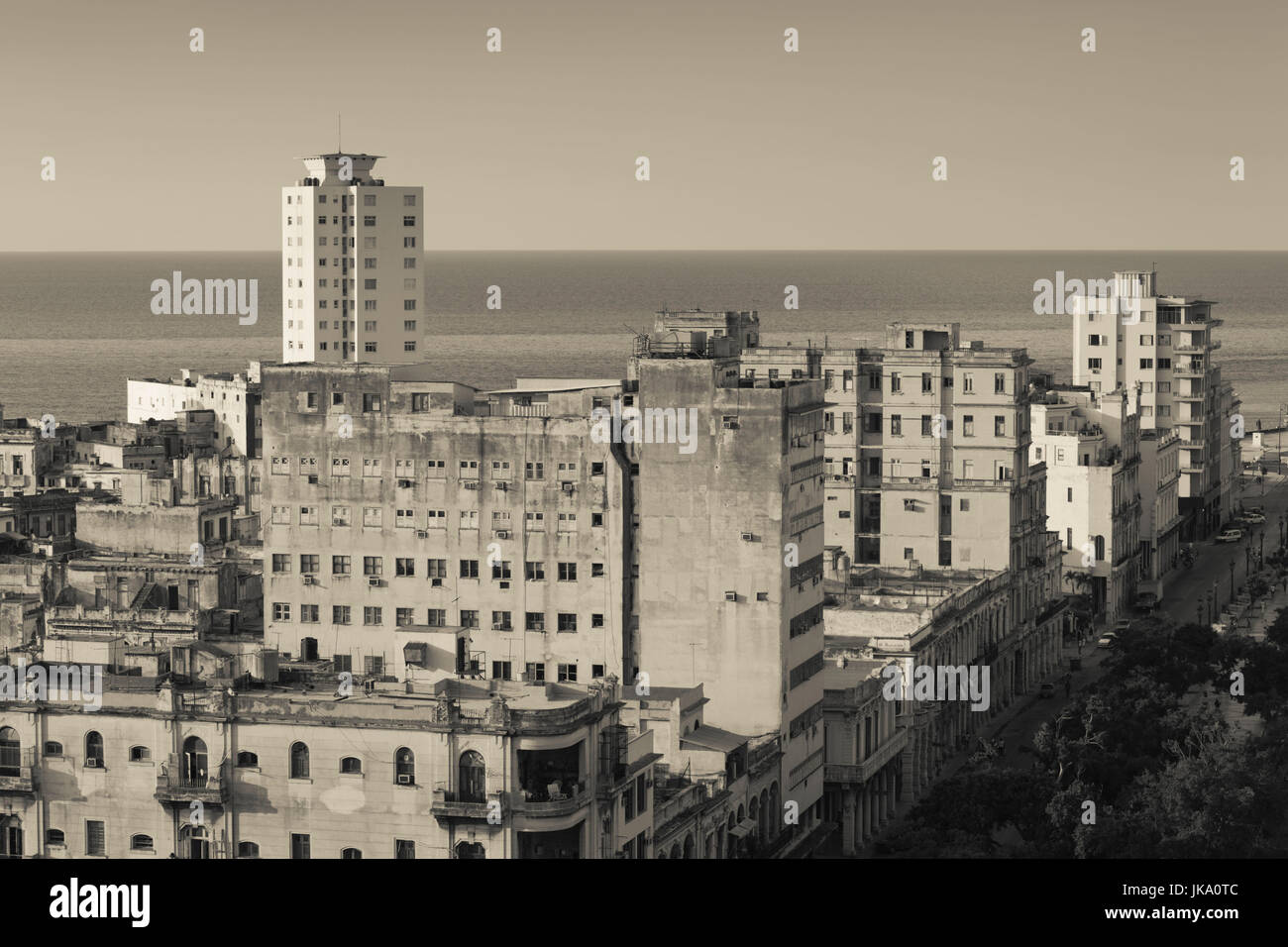 Cuba, Havana, elevated city view above Paseo de Marti, late afternoon ...