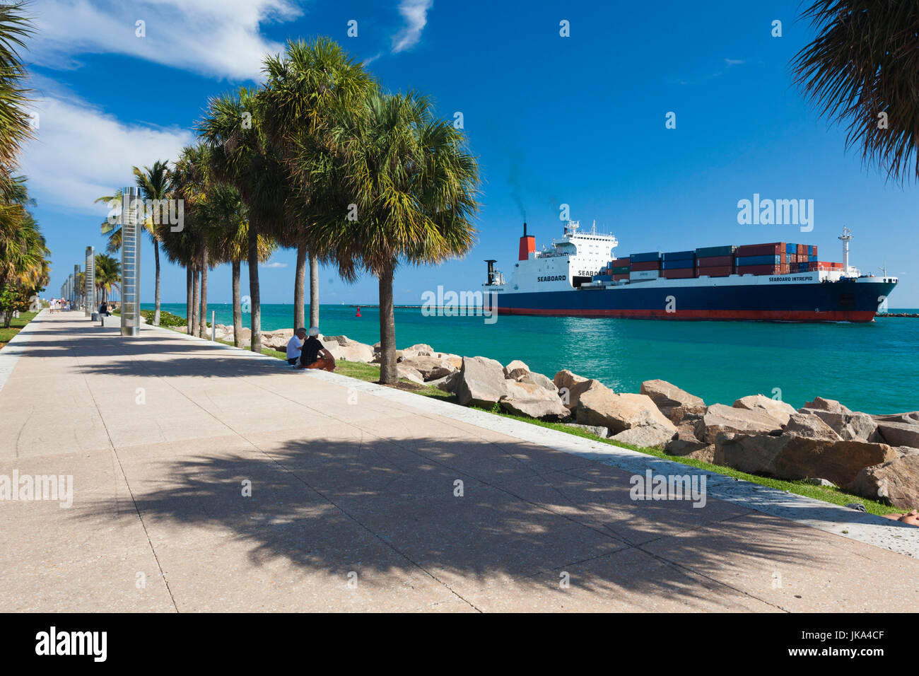 USA, Miami Beach, South Beach, beach walkway and cargo ship, South ... USA, Miami Beach, South Beach, beach walkway and cargo ship, South ...