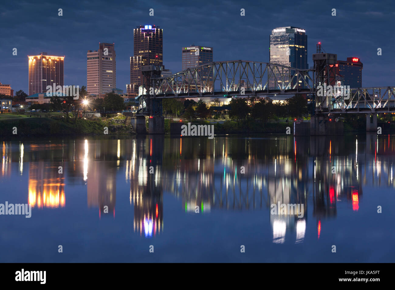USA, Arkansas, Little Rock, city skyline from the Arkansas River, dawn ...