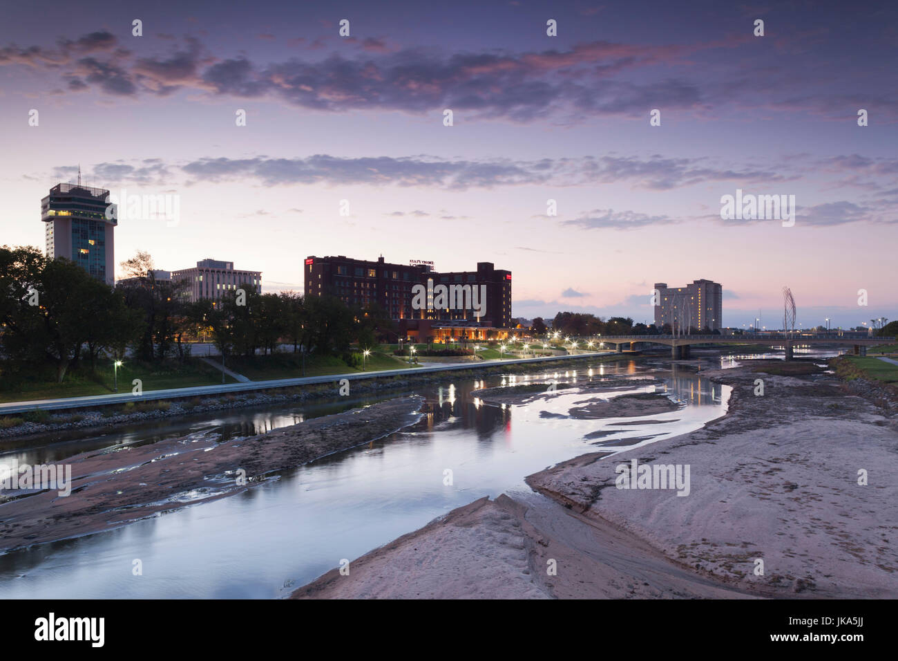 USA, Kansas, Wichita, skyline by the Arkansas River, dawn Stock Photo ...