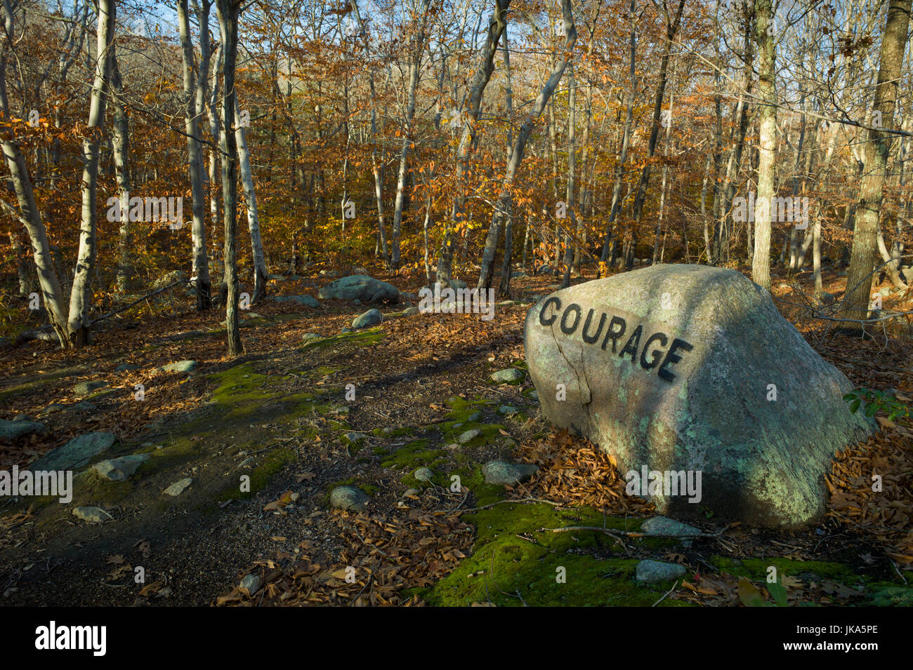 USA, Massachusetts, Gloucester, Dogtown rocks with inspirational words ...