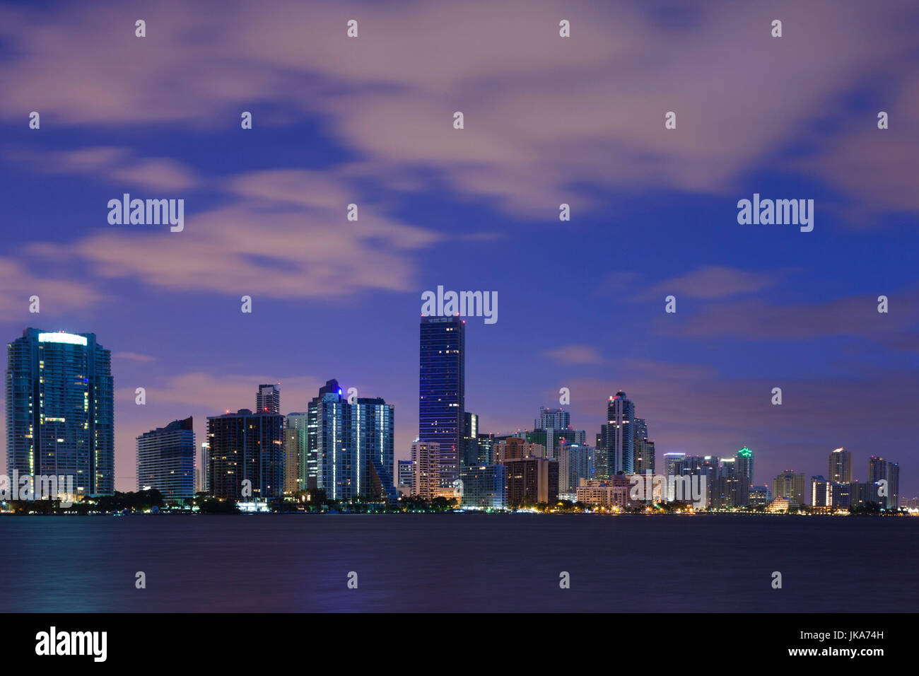 USA, Florida, Miami, city Skyline from Rickenbacker Causeway, dawn ...