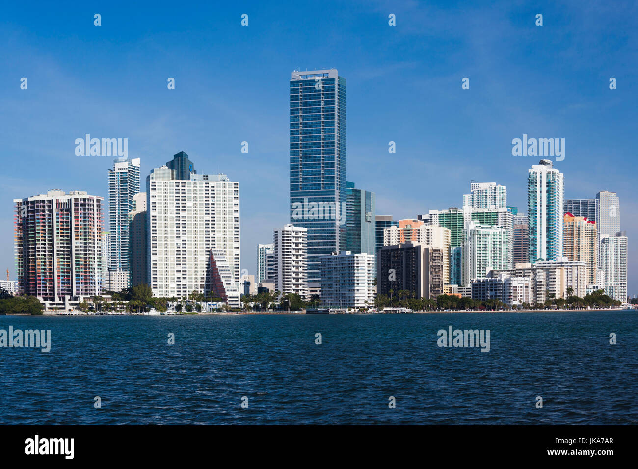 USA, Florida, Miami, city Skyline from Rickenbacker Causeway Stock ...