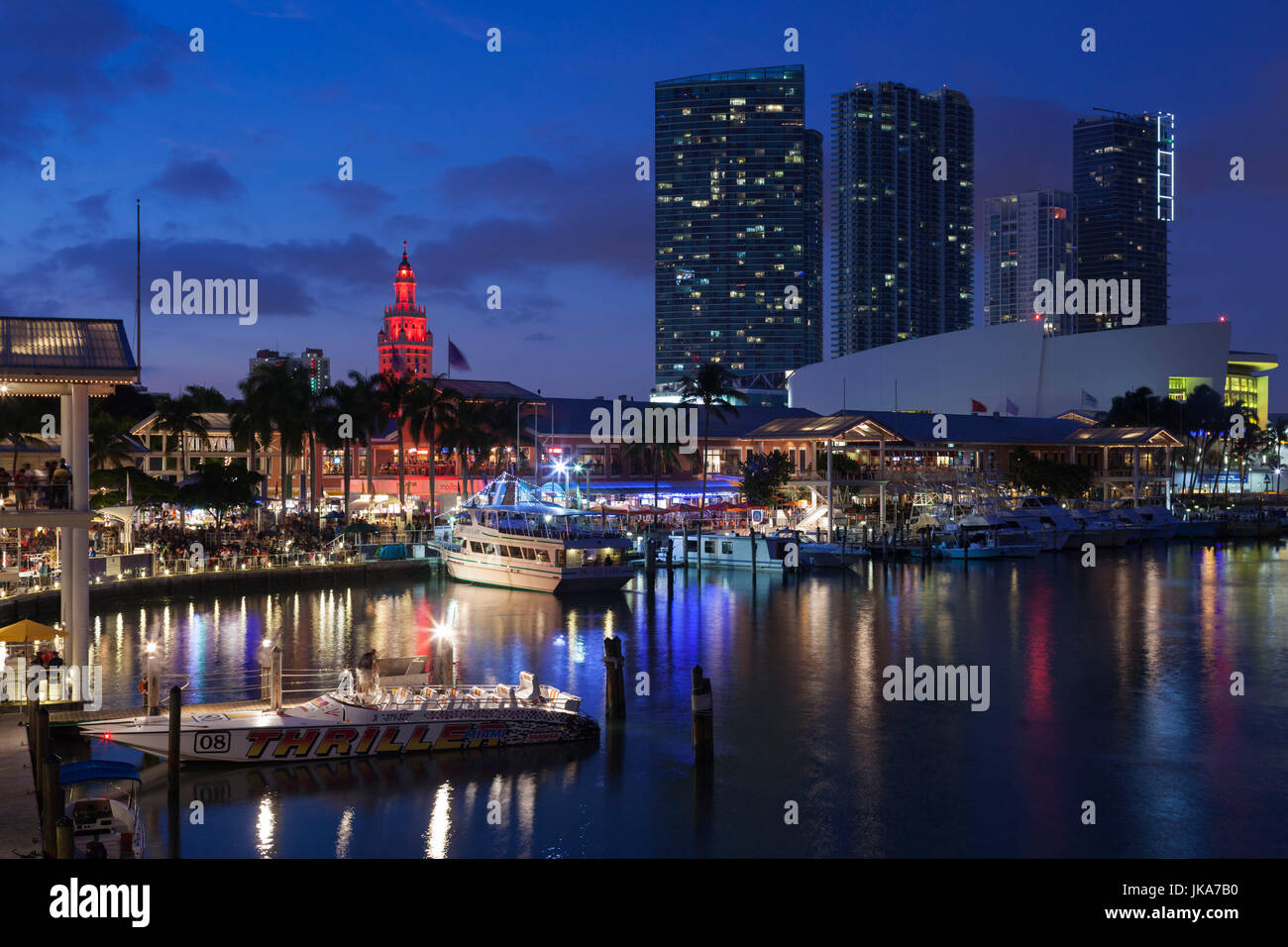 USA, Florida, Miami, city skyline with Bayside Mall and Fredom Tower ...