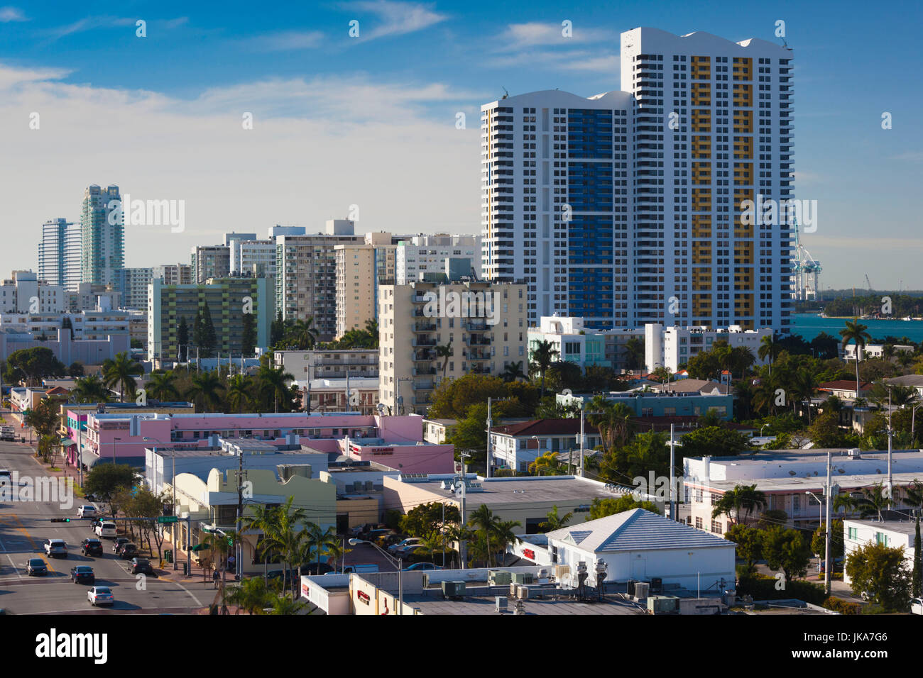 USA, Florida, Miami Beach, elevated view of Alton Road, morning Stock ...