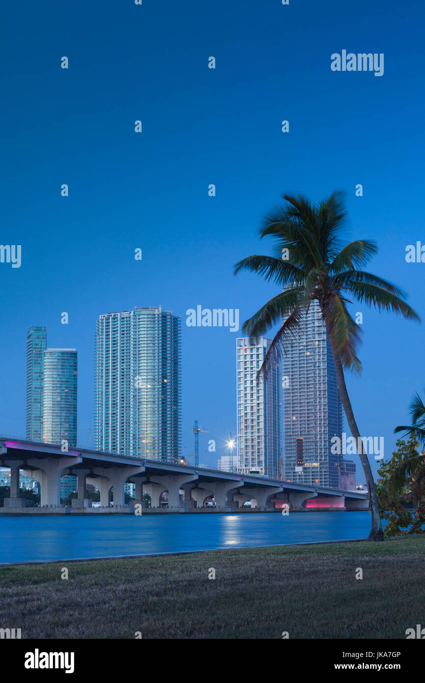 USA, Florida, Miami, city skyline from Venetian Causeway, dawn Stock ...