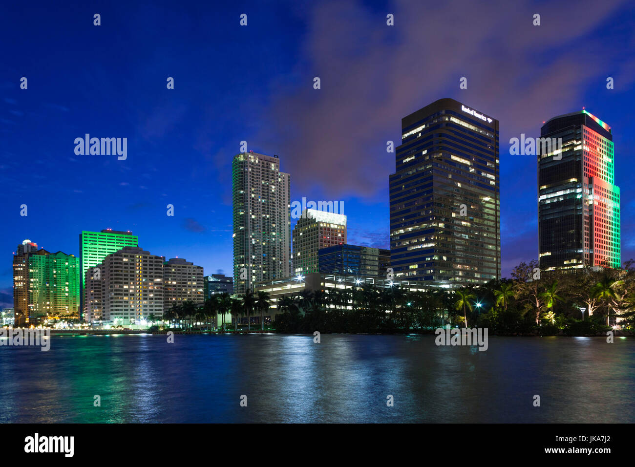 USA, Florida, Miami, city skyline from Brickell Key, evening Stock ...