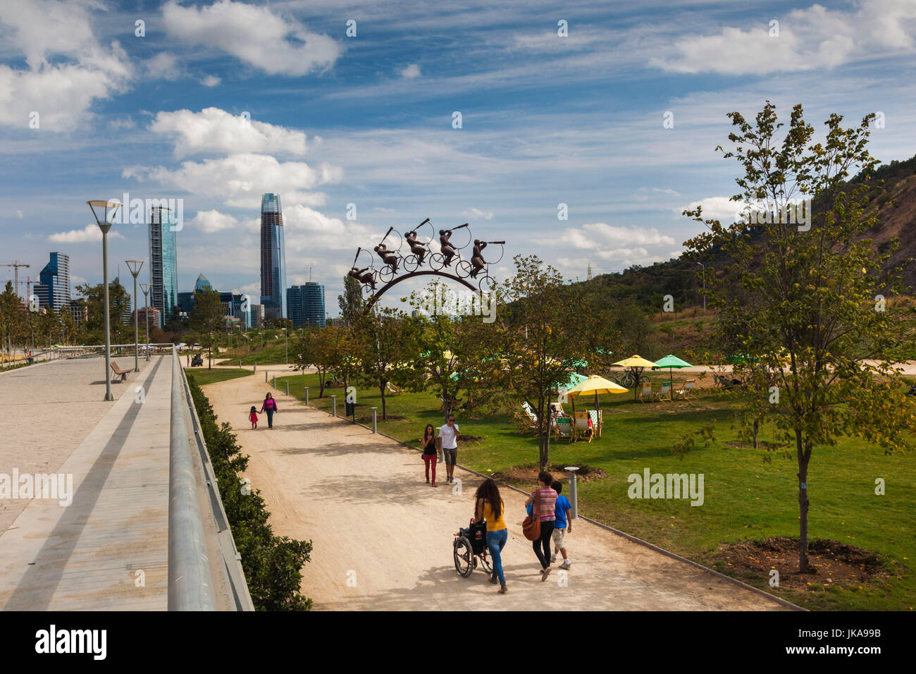 Chile, Santiago, Vitacura area, Parque Bicentenario park, bicyclist ...