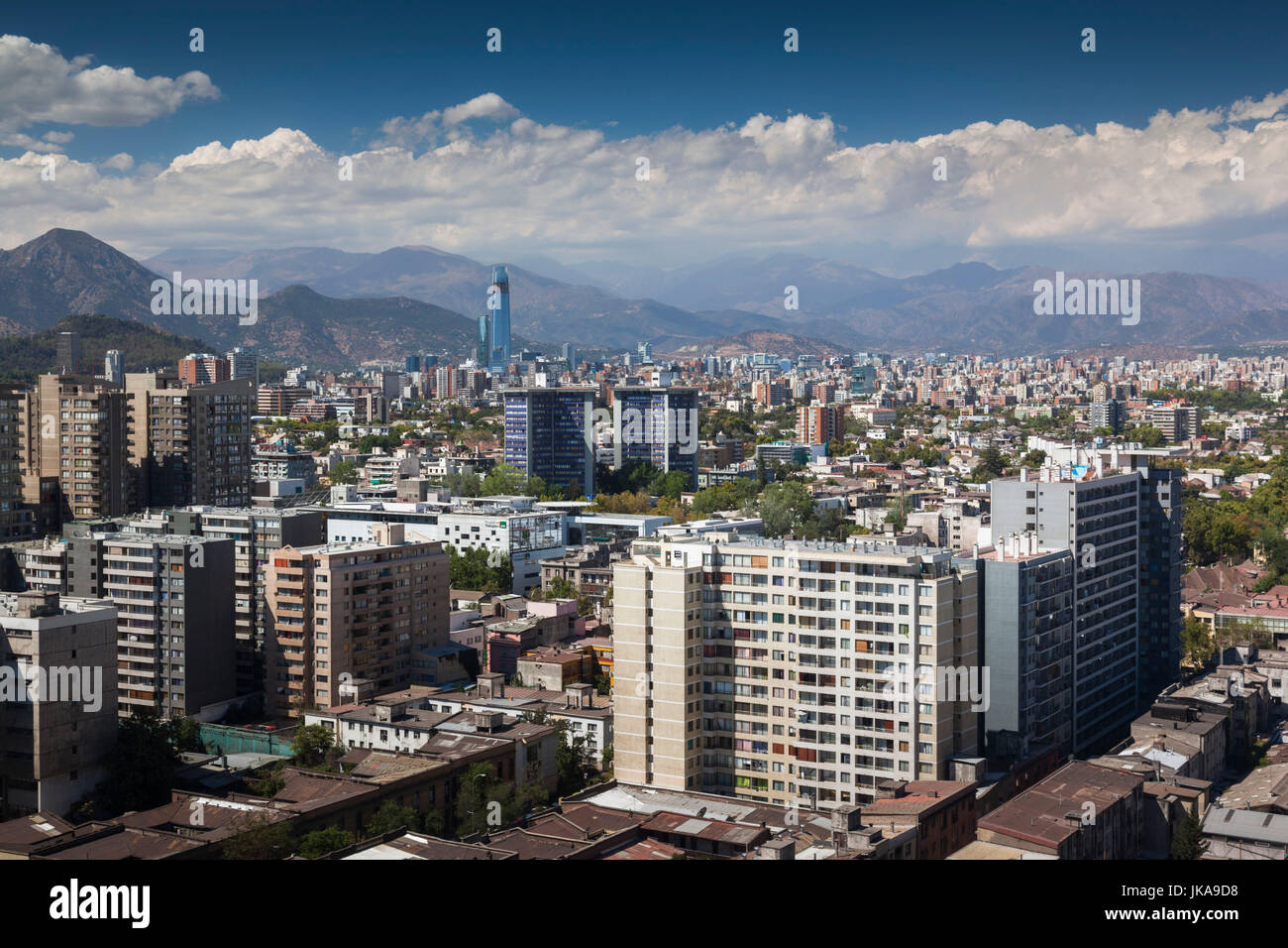 Chile, Santiago, elevated city view towards the Gran Torre Santiago ...
