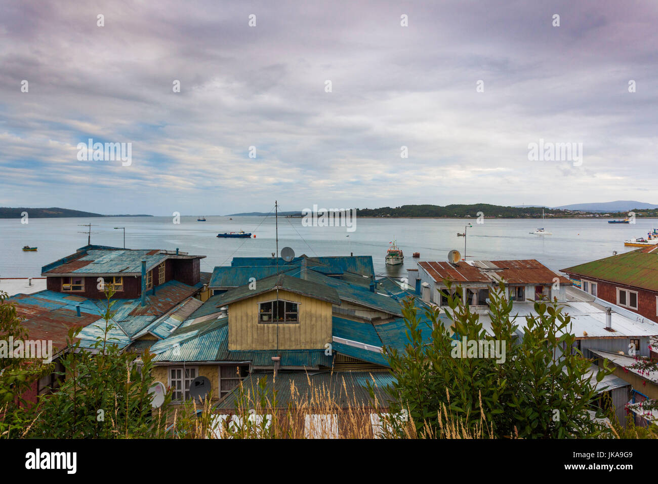 Chile, Chiloe Island, Quellon, elevated waterfront view Stock Photo - Alamy