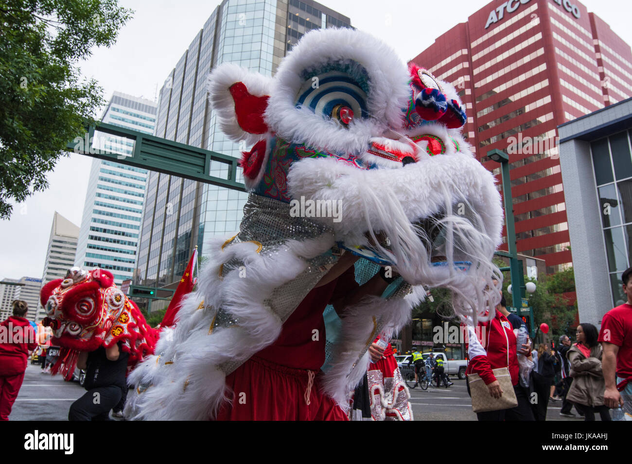 Chinese Dragon Dancers marching in K Days Parade 2017 on Jasper Avenue ...
