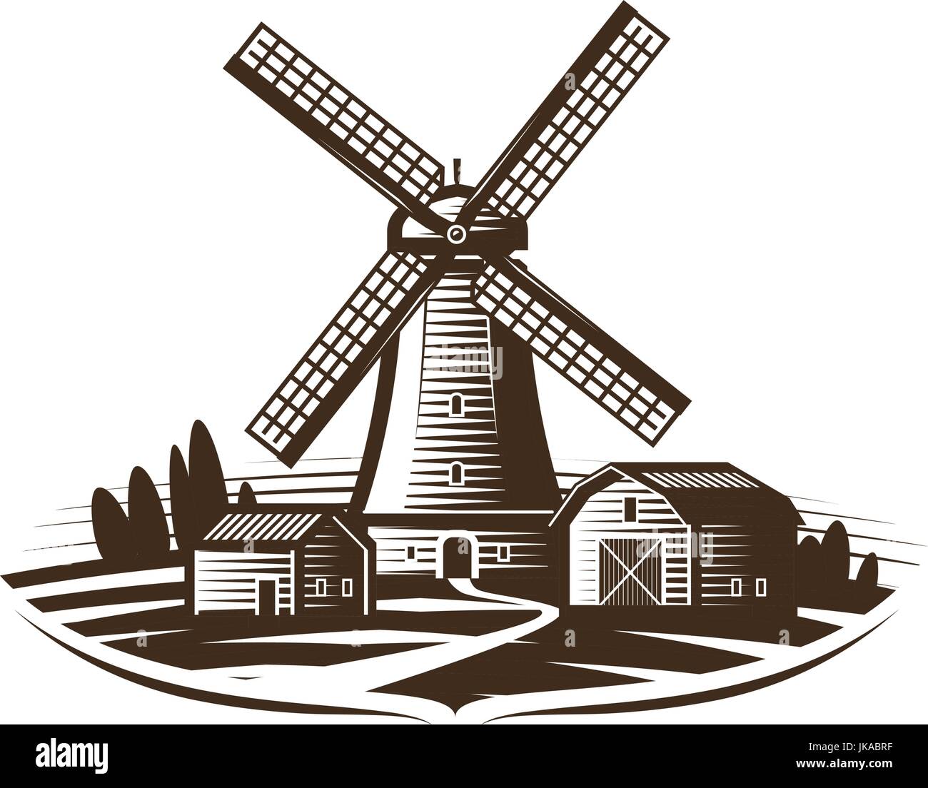 Windmill, mill logo or label. Farm, rural landscape, agriculture ...