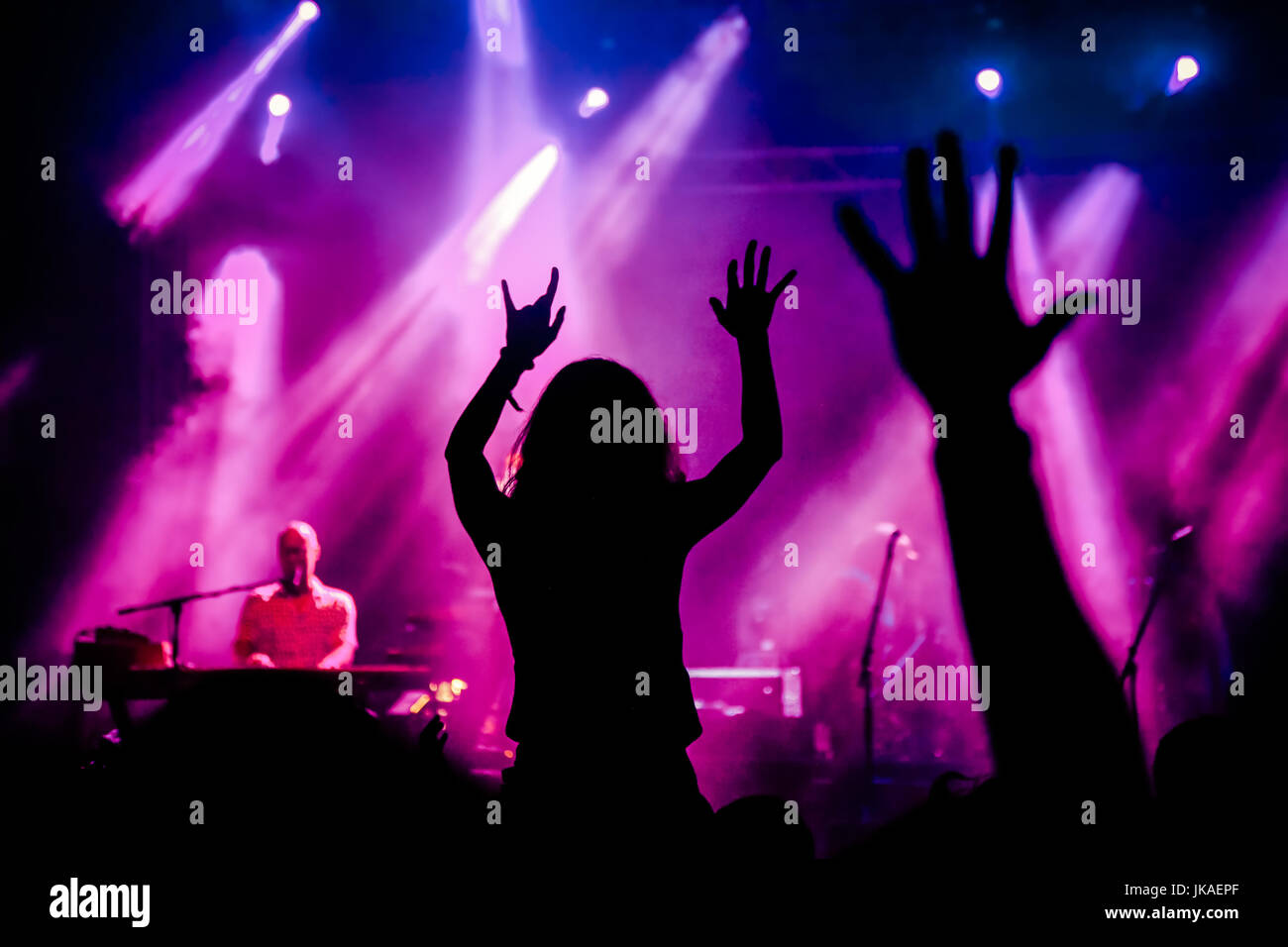 crowd with raised hands at concert - summer music festival Stock Photo ...