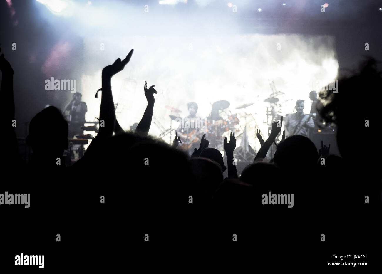 crowd with raised hands at concert - summer music festival Stock Photo ...