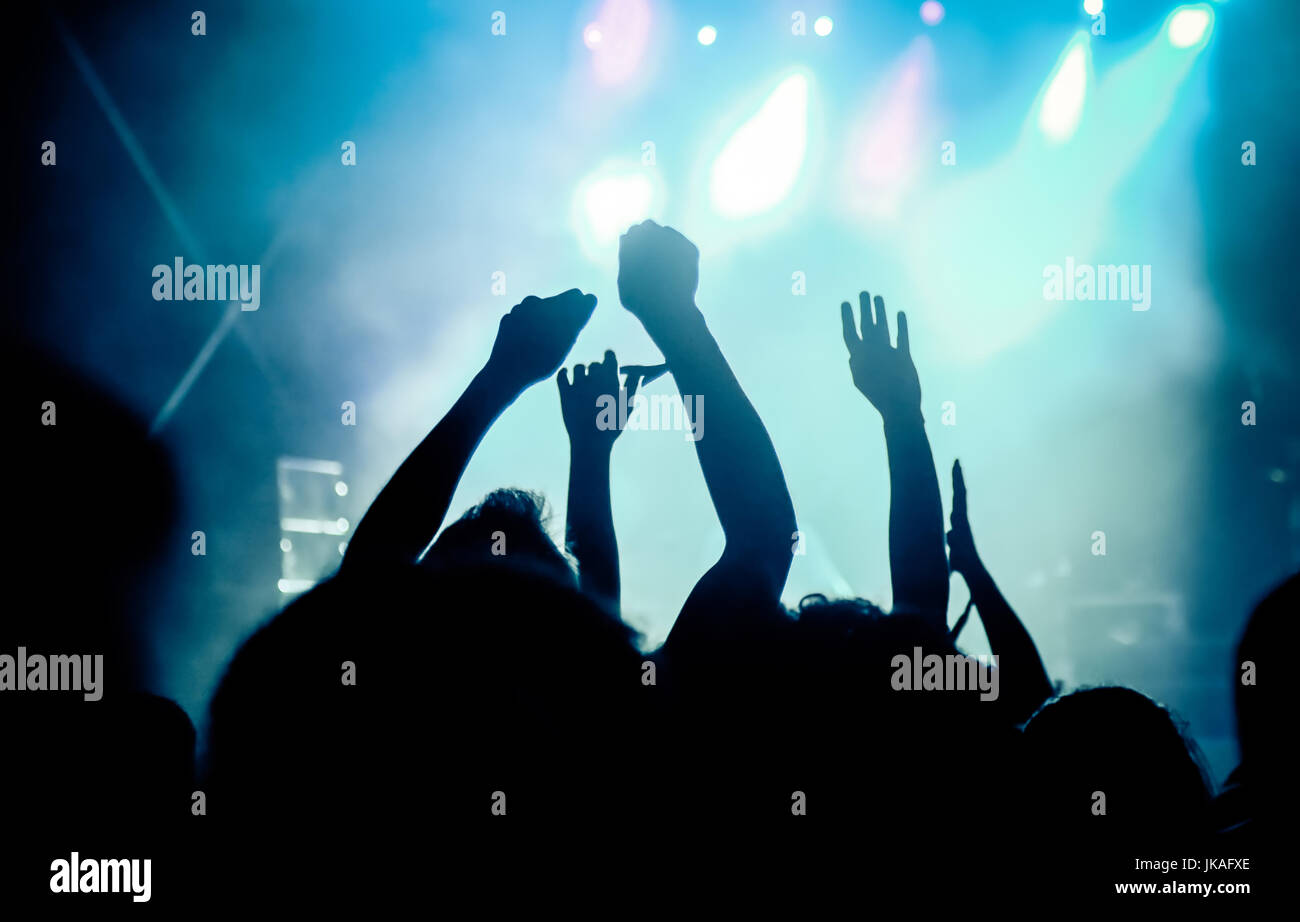 crowd with raised hands at concert - summer music festival Stock Photo ...