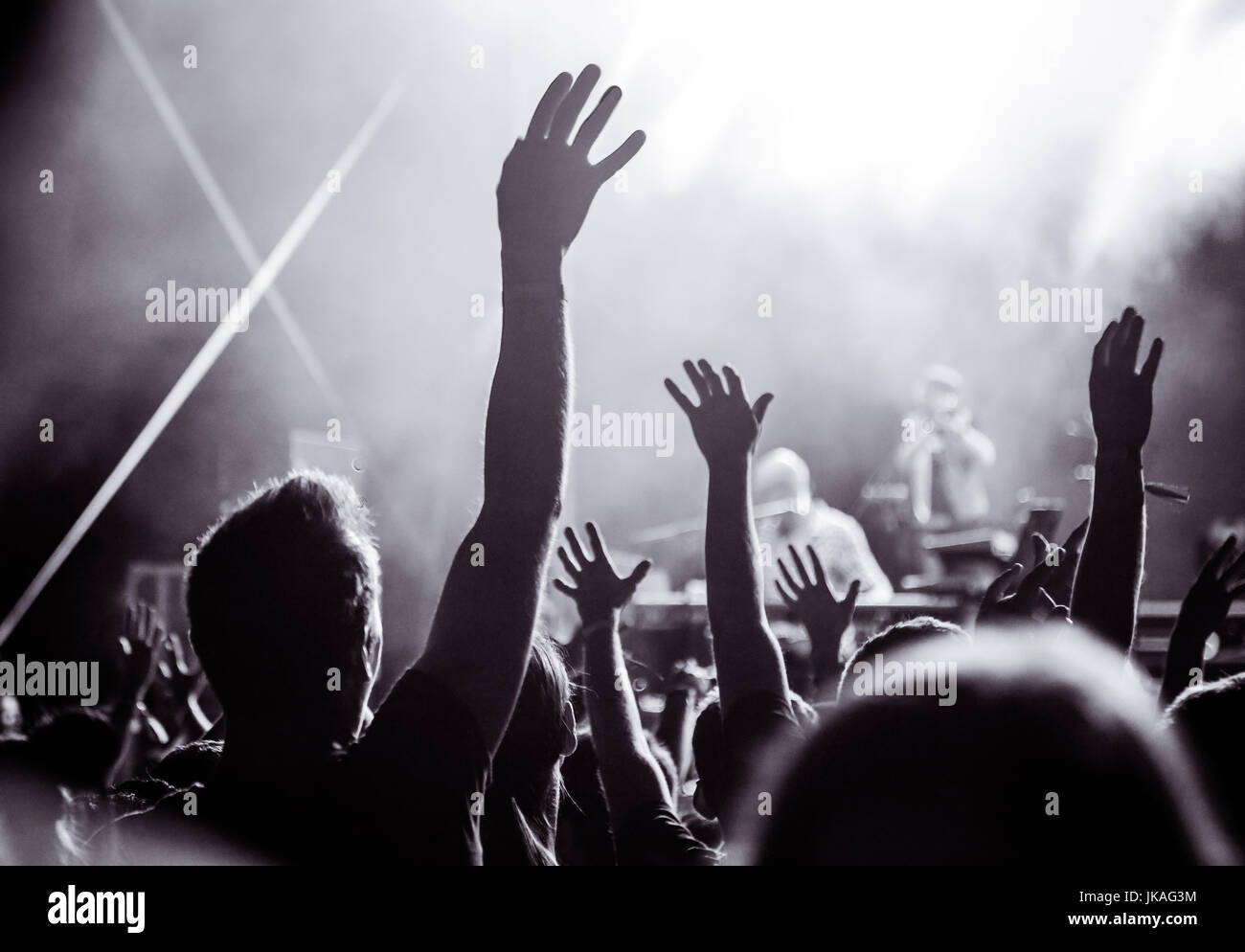 crowd with raised hands at concert - summer music festival Stock Photo ...