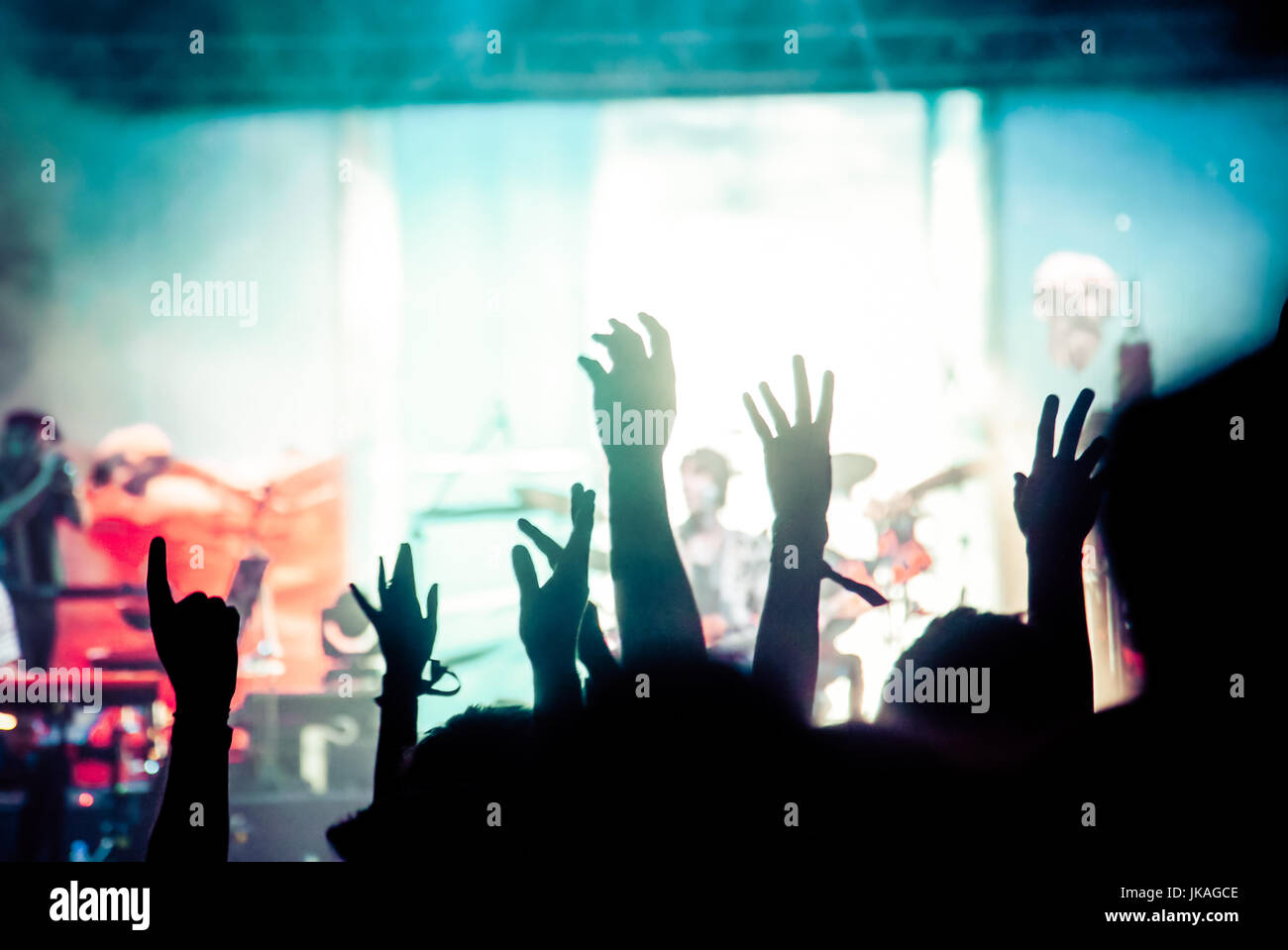 crowd with raised hands at concert - summer music festival Stock Photo ...
