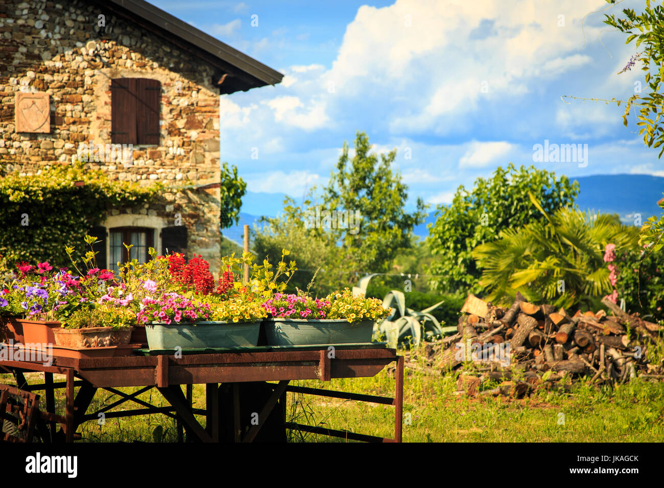 An old farm in the italian countryside with flowers in its garden Stock ...