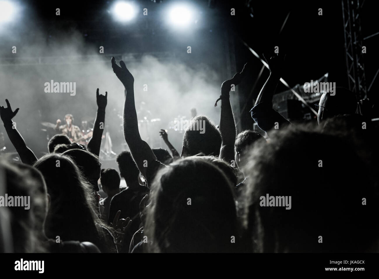 crowd with raised hands at concert - summer music festival Stock Photo ...