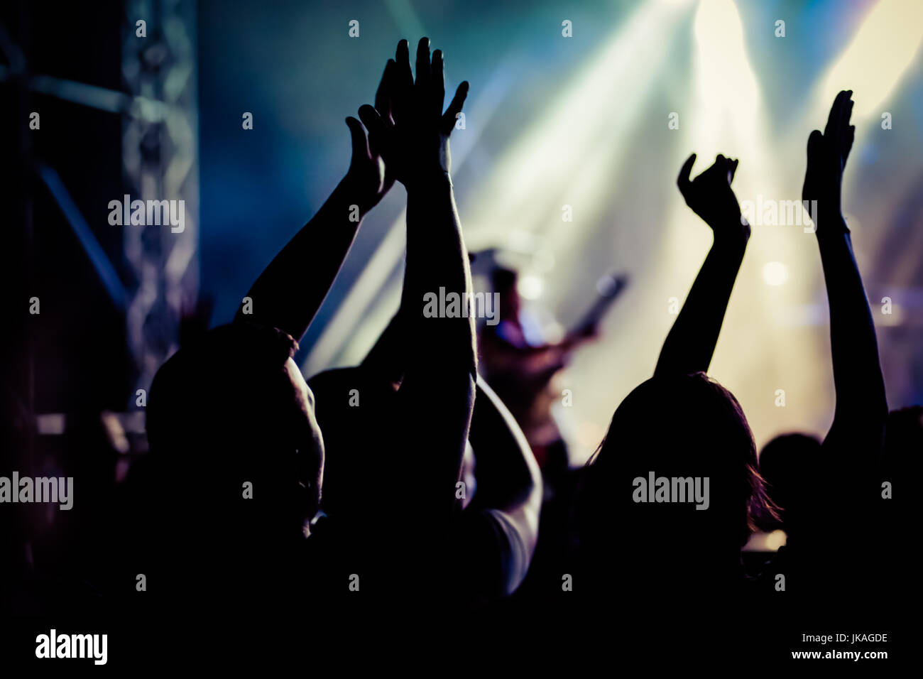 crowd with raised hands at concert - summer music festival Stock Photo ...