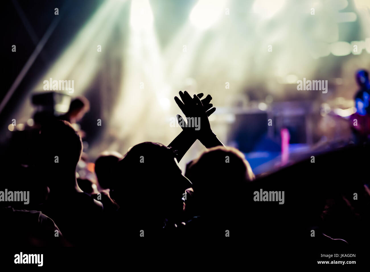 crowd with raised hands at concert - summer music festival Stock Photo ...