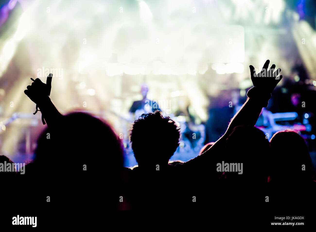 crowd with raised hands at concert - summer music festival Stock Photo ...