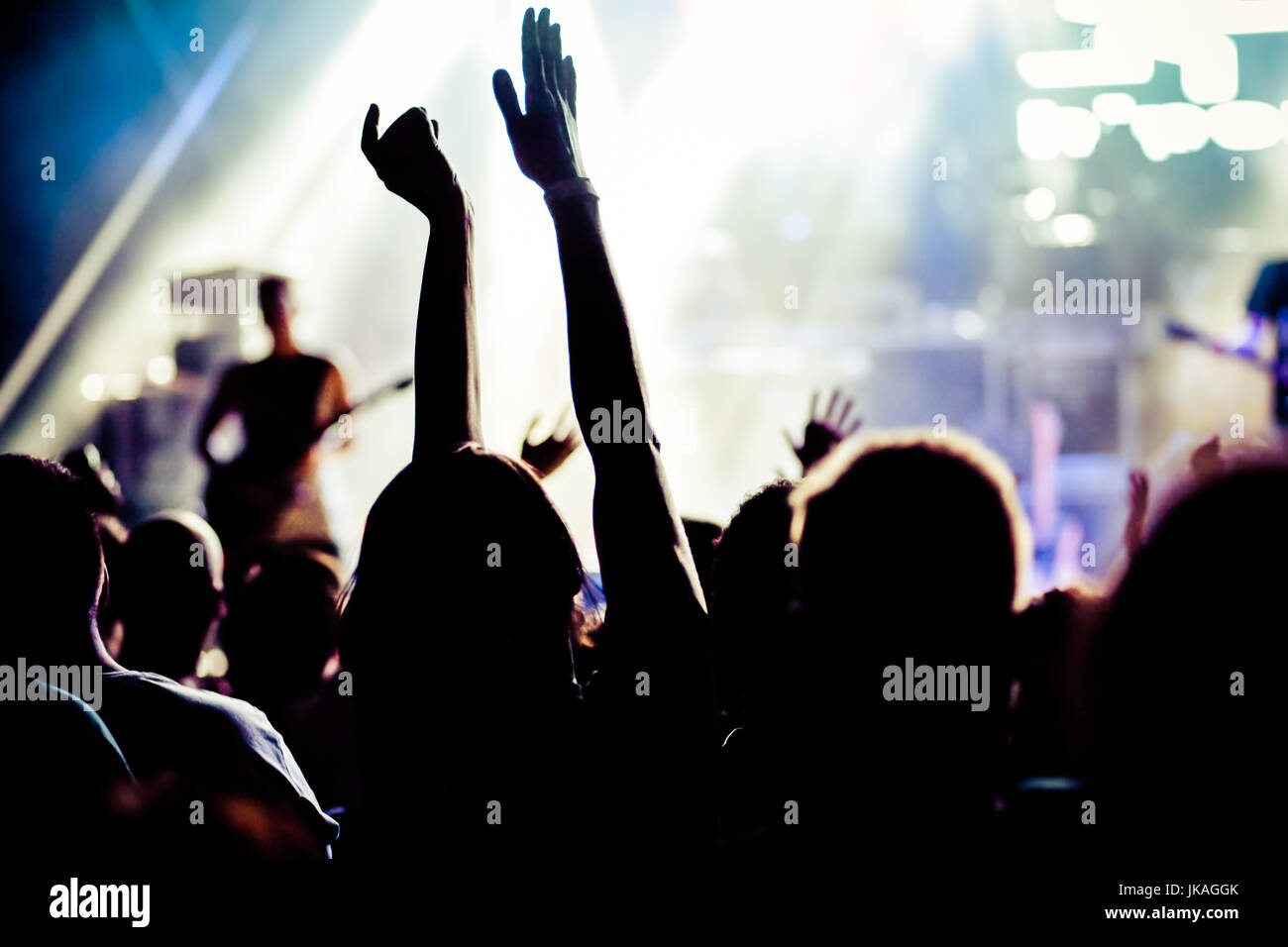 crowd with raised hands at concert - summer music festival Stock Photo ...