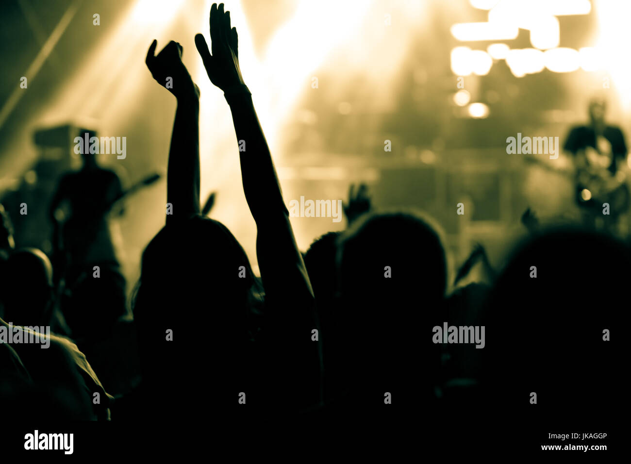 crowd with raised hands at concert - summer music festival Stock Photo ...