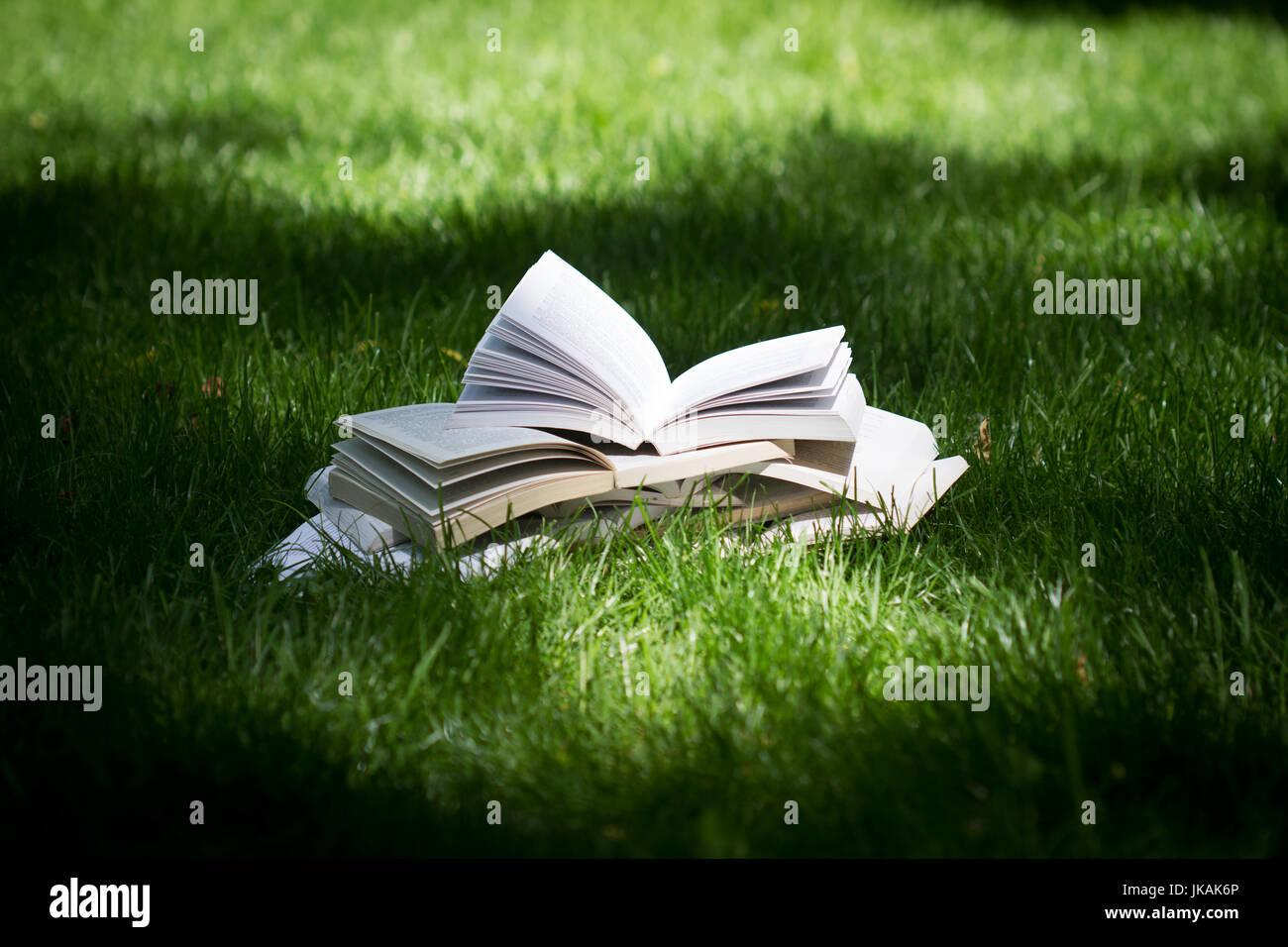 horizontal side view of many open books on top of each other standing ...