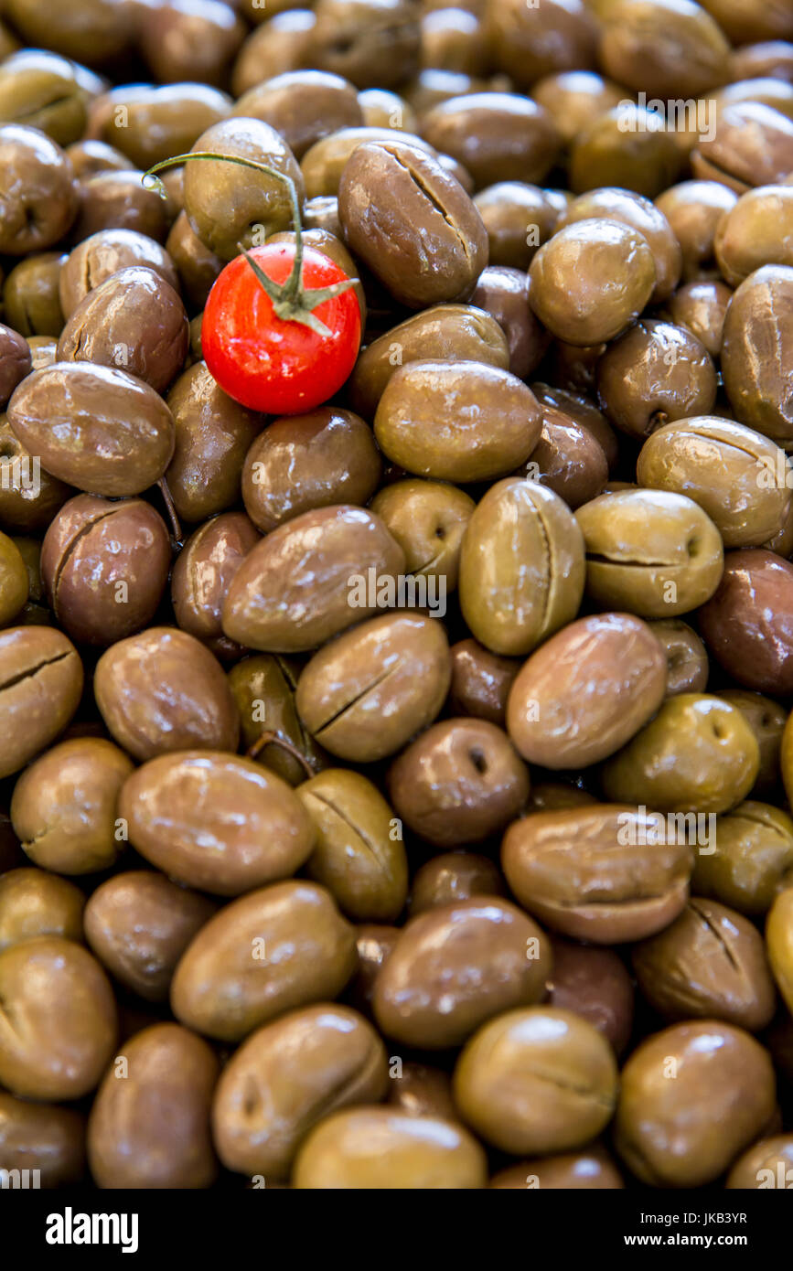 Green Fresh Olives in Food Market Cefalu - Sicily - Italy Stock Photo ...