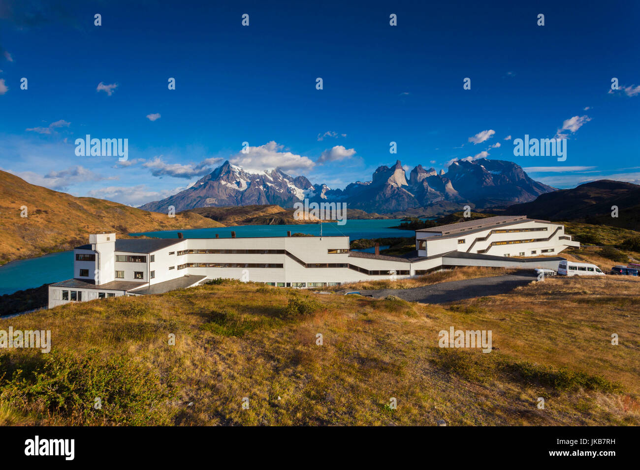 Chile, Magallanes Region, Torres del Paine National Park, Lago Pehoe, Explora Hotel, morning ...