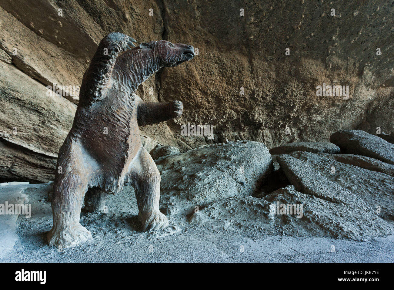 Chile, Magallanes Region, Puerto Natales, Cueva de Milodon, statue of ...
