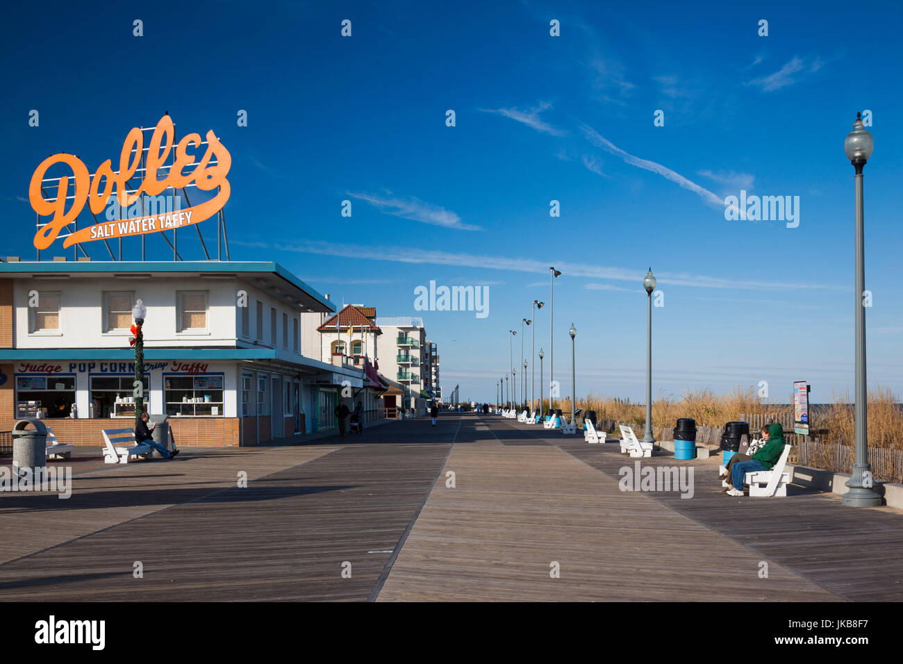 USA, Delaware, Rehoboth Beach, beach boardwalk, sign for Dolles Salt ...