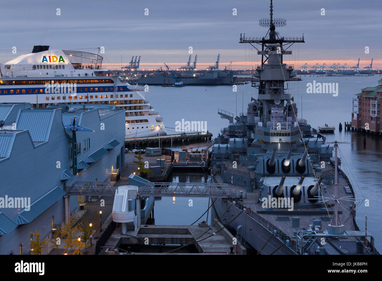 USA, Virginia, Norfolk, WW2-era battleship USS Wisconsin, elevated view ...