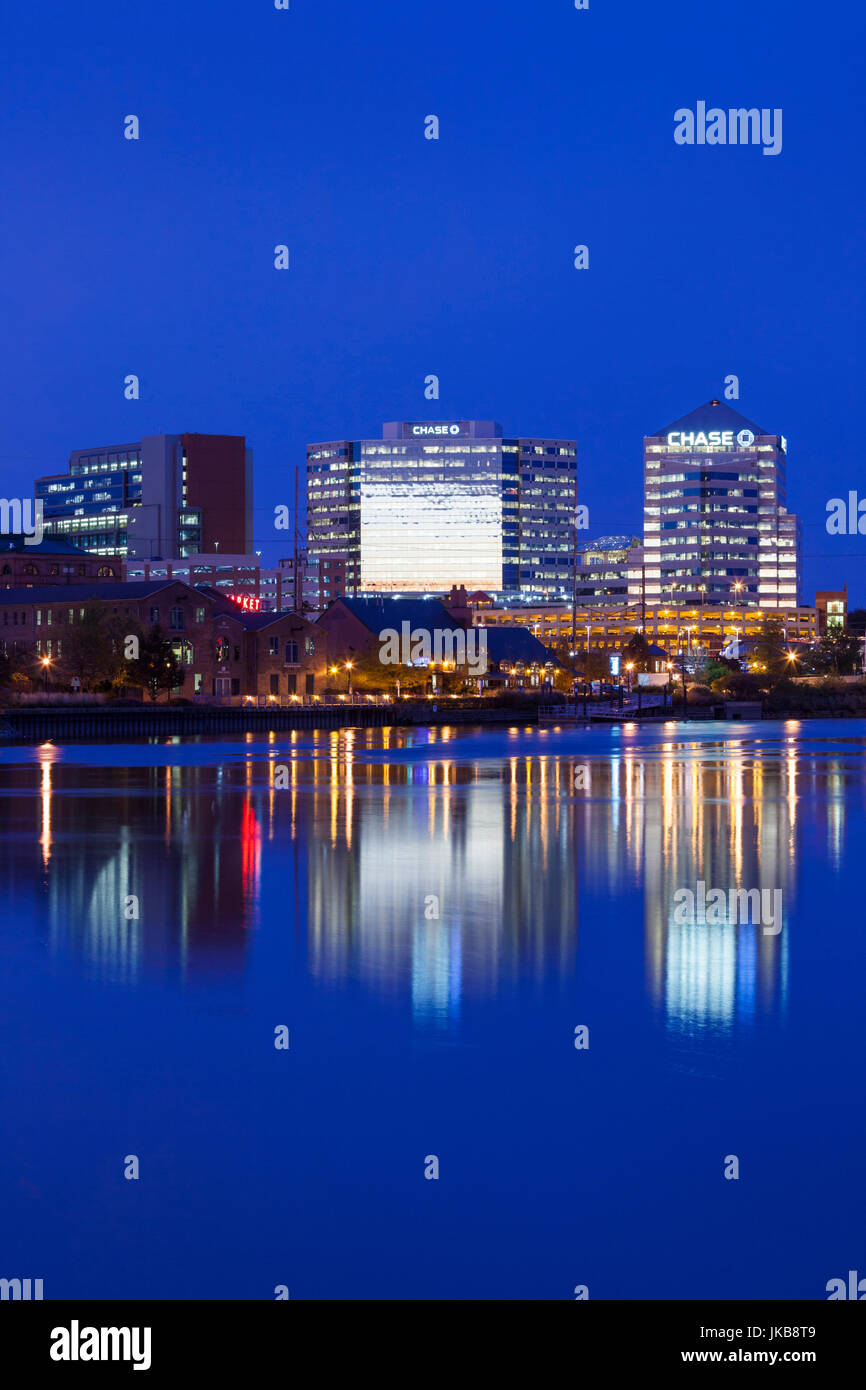 USA, Delaware, Wilmington, skyline on the Christina River, dusk Stock ...