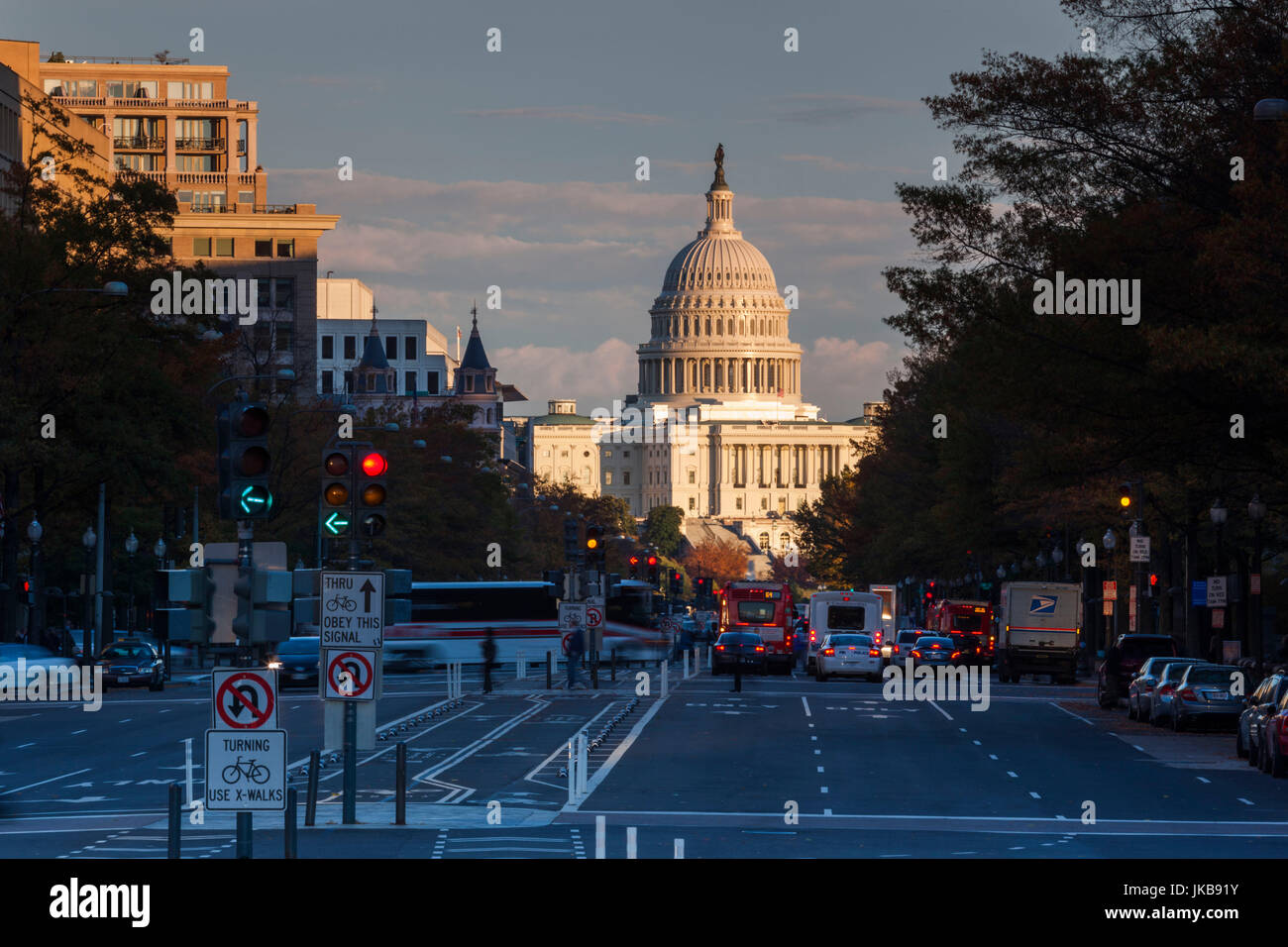 USA, Washington DC, US Capitol and Pennsylvania Avenue, sunset Stock ...