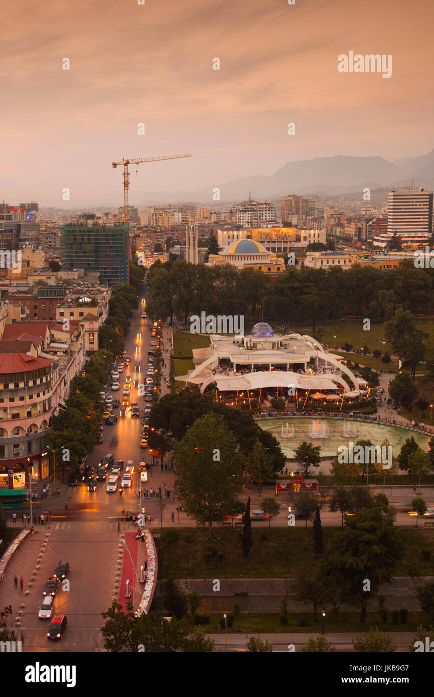 Albania, Tirana, elevated overview of Rinia Park and Taiwan Restaurant ...