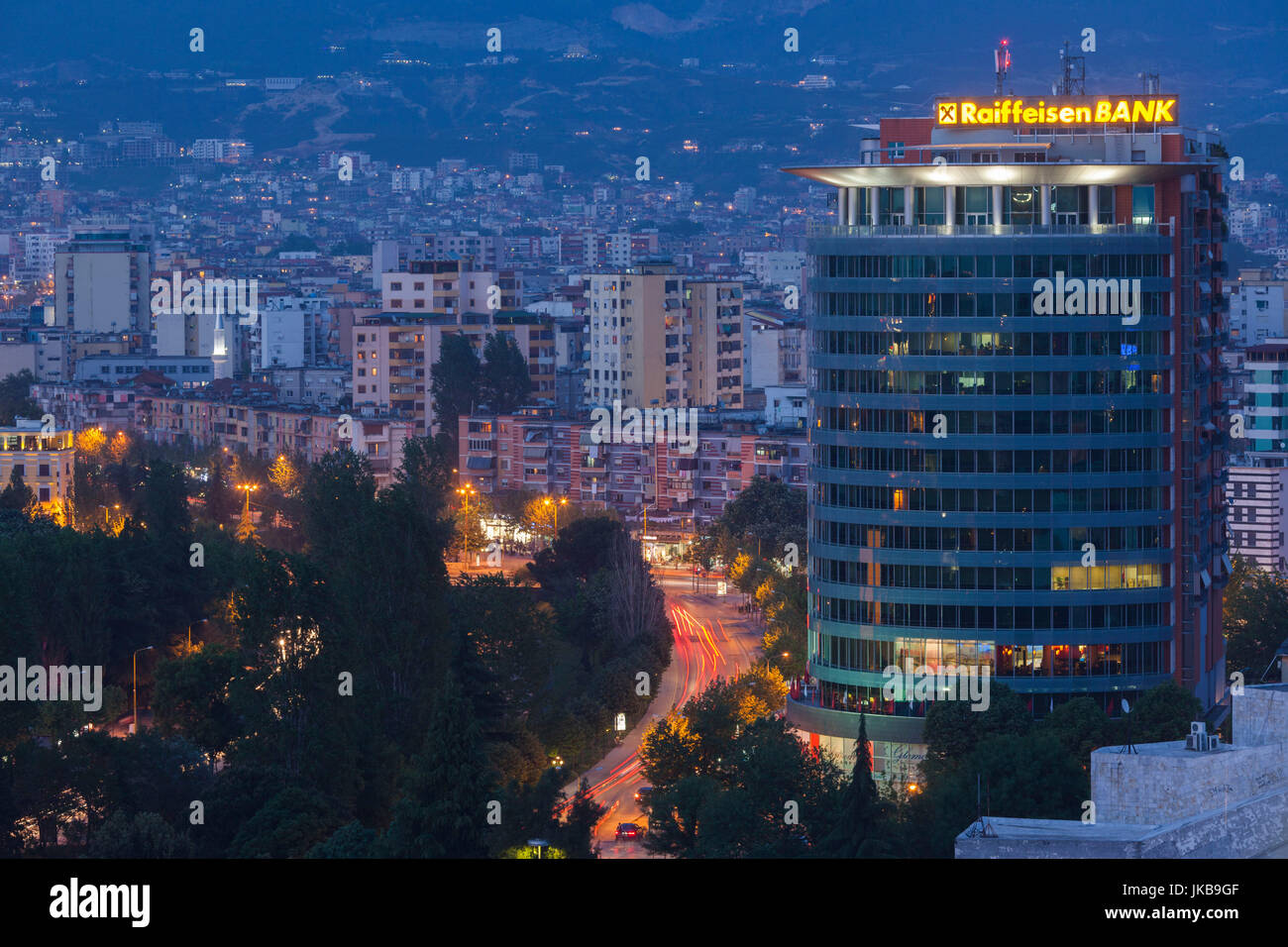 Albania, Tirana, elevated city view, dusk Stock Photo - Alamy