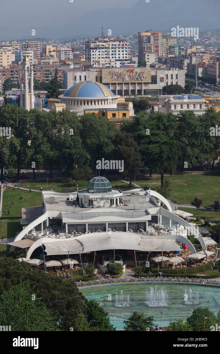 Albania, Tirana, elevated overview of Rinia Park and Taiwan Restaurant ...