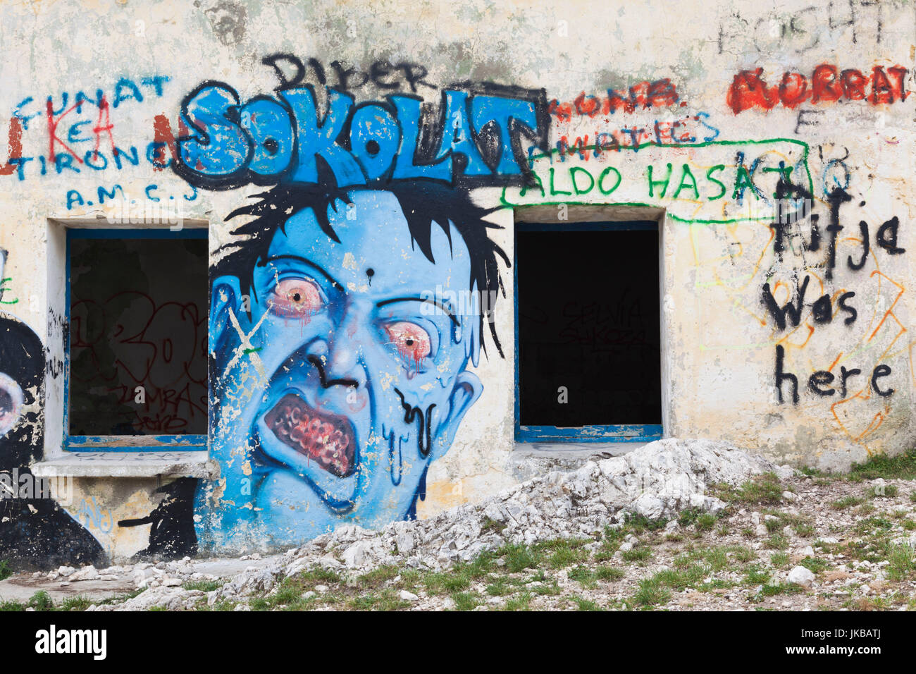 Albania, Llogaraja Pass-area, abandoned mountain resort hotel ...