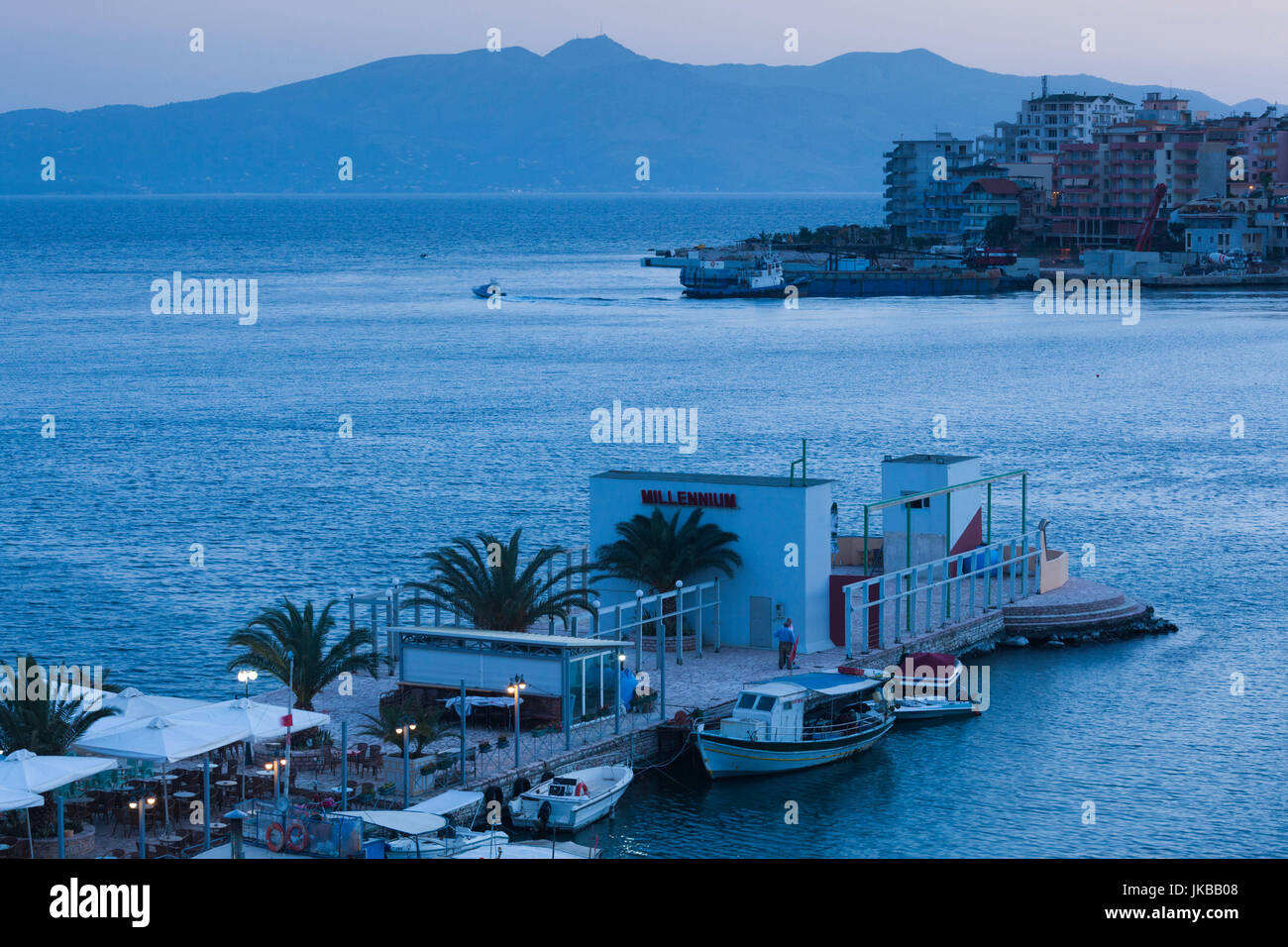 Albania, Albanian Riviera, Saranda, elevated harbor view, dusk Stock ...