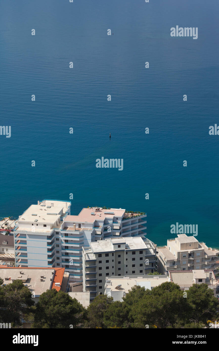 Albania, Albanian Riviera, Saranda, elevated view of coastal hotels ...