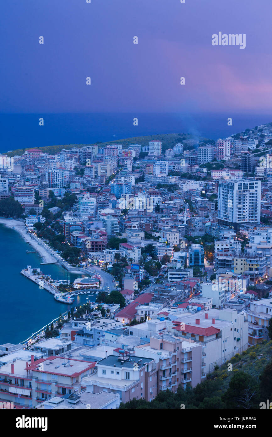 Albania, Albanian Riviera, Saranda, elevated city view, dusk Stock ...